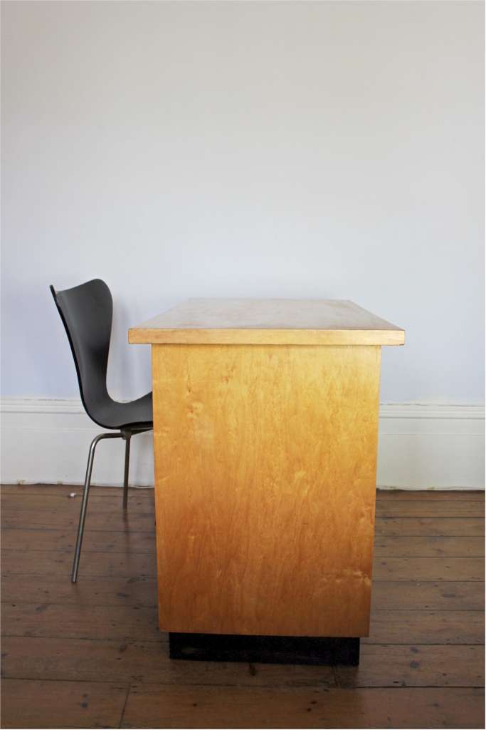 Modernist plywood birch desk with black handles and plinth | LATEST ...
