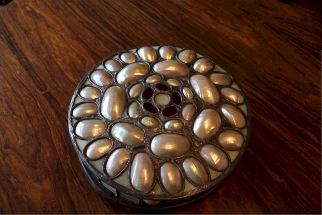 Wonderful mother of pearl shell and coloured glass hanging lamp shade ...